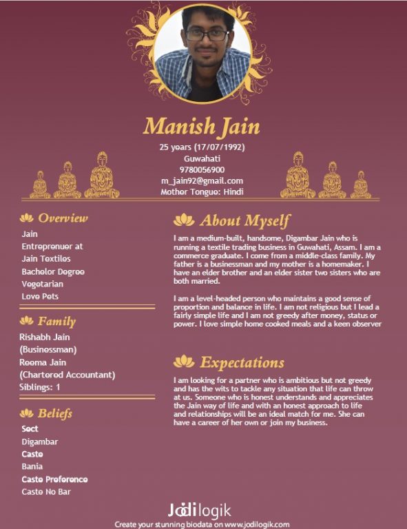 Jain Marriage Biodata Samples For Men and Women